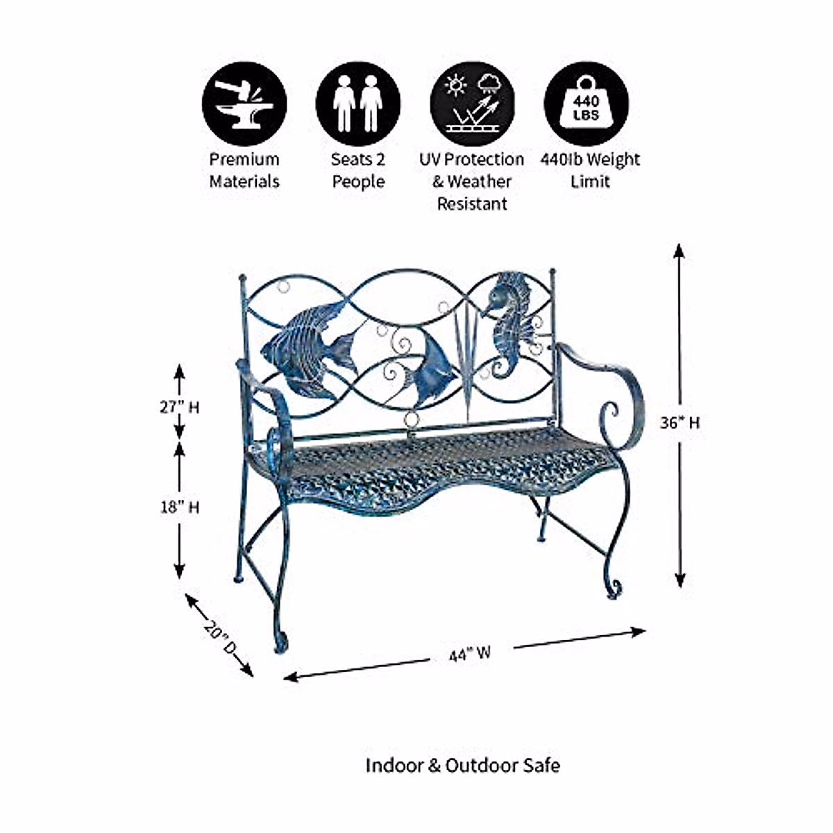 Cape Craftsmen Evergreen Weatherproof Blue Fish Coastal Outdoor Bench | Holds Up to 440 lbs | Furniture for Lawn Garden Patio Porch Park Deck | Coastal Nautical Beach Décor | Steel | Blue