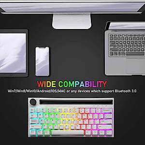 Bluetooth Mechanical Gaming Keyboard with 19 RGB Backlight Mini 61 Key Multimedia Knob Rechargeable 4400mAh Battery Type C Wired/Wireless for PC Mac Mobile Phone Gamer Typist (White/Blue Switch)