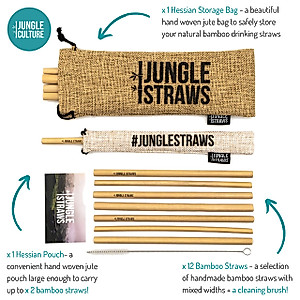 Jungle Straws 12 Pack Reusable Bamboo Straws 8" • Hessian Bag & Straw Pouch • Cleaning Brush • 100% Organic & Handmade in Vietnam • Eco Friendly Natural Drinking Straw • Zero Waste Wooden Straws