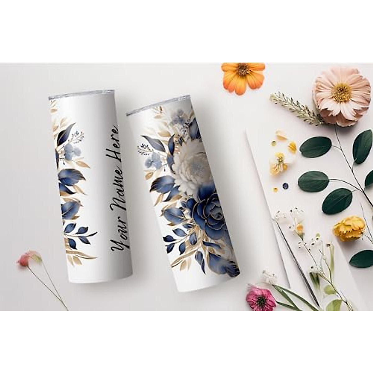 Personalized Flowered Skinny Tumbler 20Oz, Stainless Steel with lid, Straw, Brush and Non-Slip Base. Keep Drinks Hot or Cold. Use like Water Bottle, Coffee Mug, Travel Mug, Wine Cup. (Navy Blue)