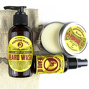 Medicine Man's Beard & Mustache Care Kit: Itchy Beard Wash 4,7 FL OZ, Anti Itch Beard Oil 2 FL OZ, Beard & Mustache Balm 2 FL OZ - in a Mustache Stamped Linen Pouch