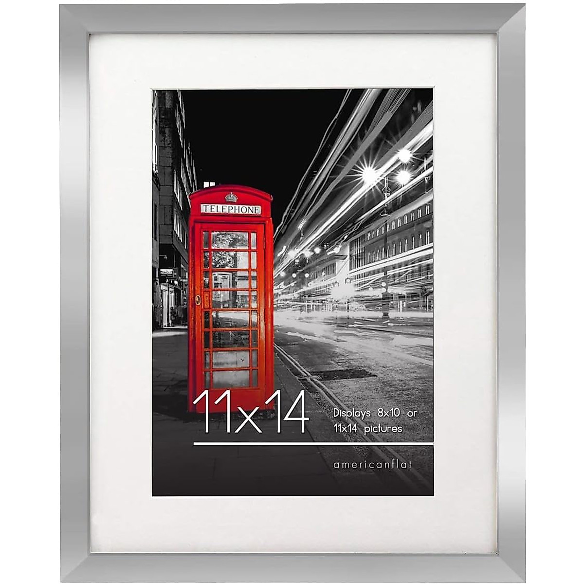 Americanflat 11x14 Picture Frame in Silver - Displays 8x10 with Mat or 11x14 Without Mat - Engineered Wood with Shatter Resistant Glass - Horizontal and Vertical Formats for Wall