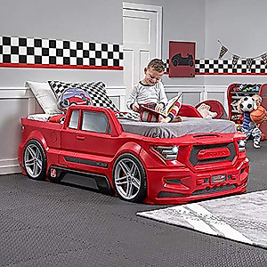 Step2 Turbocharged Twin Size Truck Car Bed – Vibrant Red Realistic Truck Toddler Bed with Tires, Rims, Decals, and Working Headlights – Built-In Storage – Truck-Themed Twin-Size Bed
