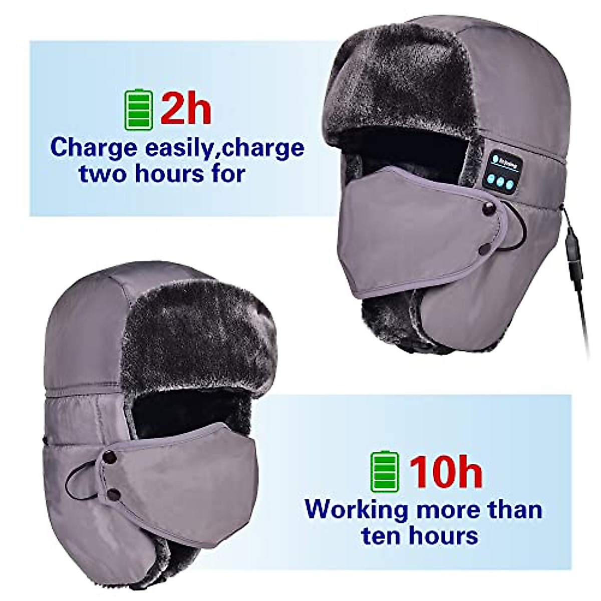 Mens Trapper Hat with Ear Flaps, Bluetooth Hunter Hat，Papakha, Mens Winter Hat, Headphones ajr Hat, Wireless Lumberjack Hat, Winter Face Masks for Women,Men, Grey