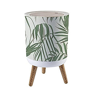 Trash Can with Lid Floral seamless green bamboo palm leaves on light brown pastel vintage theme Press Cover Small Garbage Bin Round with Wooden Legs Waste Basket for Bathroom Kitchen Bedroom 7L/1.8 Gallon