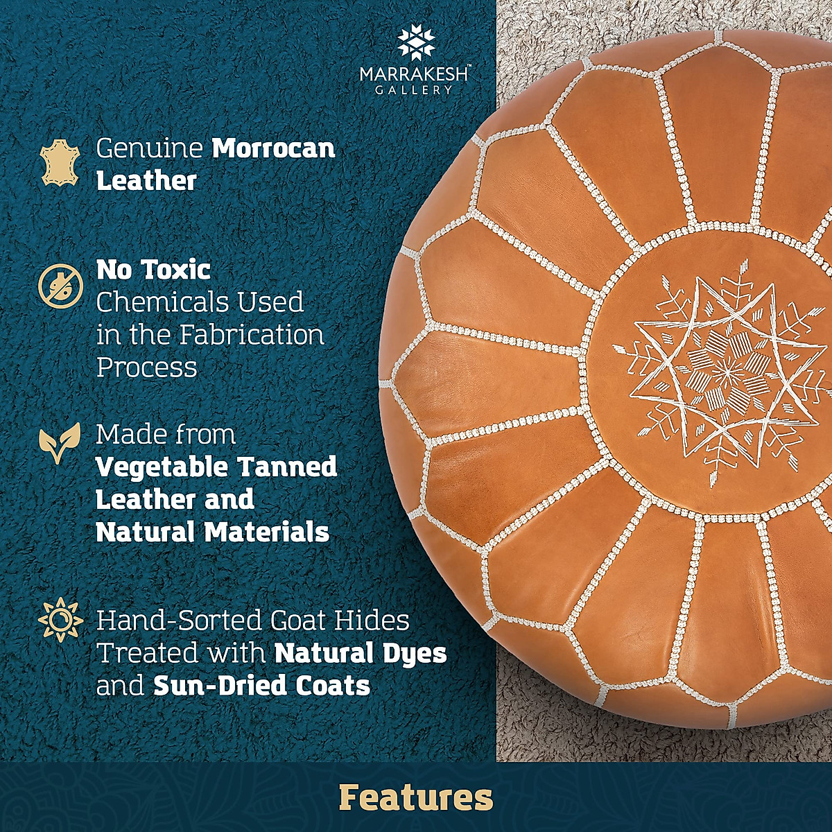 Marrakesh Gallery Genuine Leather Round Pouf Unstuffed - Moroccan Ottoman Footstool, Footrest Cover - Boho Decor - Bohemian Living Room, Bedroom, Kids Room, Gift & Wedding