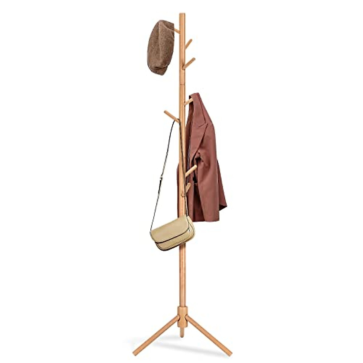 EuroBird Sturdy Wooden Coat Rack Freestanding - Adjustable Coat Rack Stand with 4 Sections & 8 Hooks, Easy Assembly Coat Tree for Coats, Hats, Purse, Entryway, Hallway, Bedroom, Office, etc