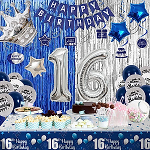 16th Birthday Decorations for Boys/Girls - Sweet 16 Birthday Decorations Blue and Silver Including HAPPY 16th BIRTHDAY Banner Balloons Tablecloth- 16 Years Old Birthday Party Supplies