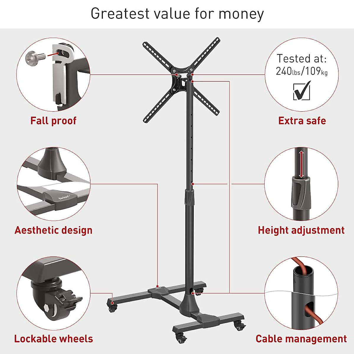 Barkan Mobile TV Cart 13-65 inch Tilt and Height Adjustment Stand, Holds Up to 80 lbs, Glossy Finish, Lockable Wheels, 5 Year Warranty, Rolling Trolley, Fits LED OLED LCD, Black