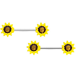 Body Candy Womens 4Pc 14G Nipplering Piercing Steel UV Ball Sunflower BCR Barbell Nipple Ring Set 9/16" 1/2"
