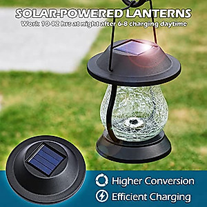 LeiDrail Hanging Solar Garden Lights, Solar Hanging Lanterns Outdoor with Shepherd Hooks & Crackle Glass Ball, Waterproof Solar Powered Table Lamps for Yard Fence Tree Tabletop Garden Decor(2 Pack)