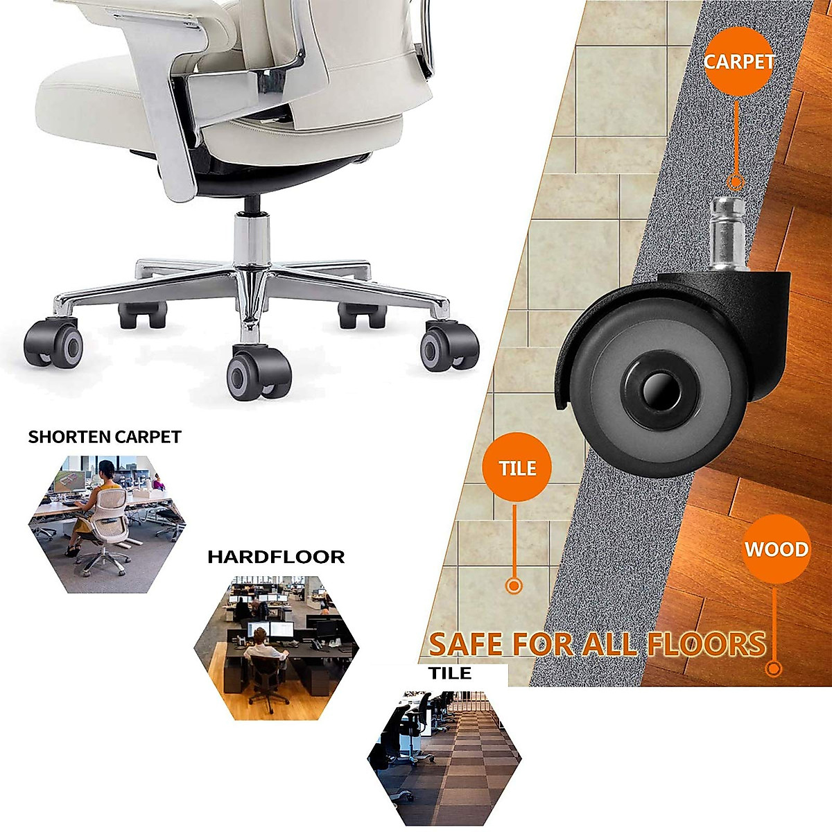 Office Chair Wheels Set of 5, (10MM Fit IKEA Chair Only) Heavy Duty Computer Desk Chair Wheels Replacement with 4 Ball Bearings,YAEMIKY 700Lbs Soft Rubber Casters for Wood Floors No More Chair Mat