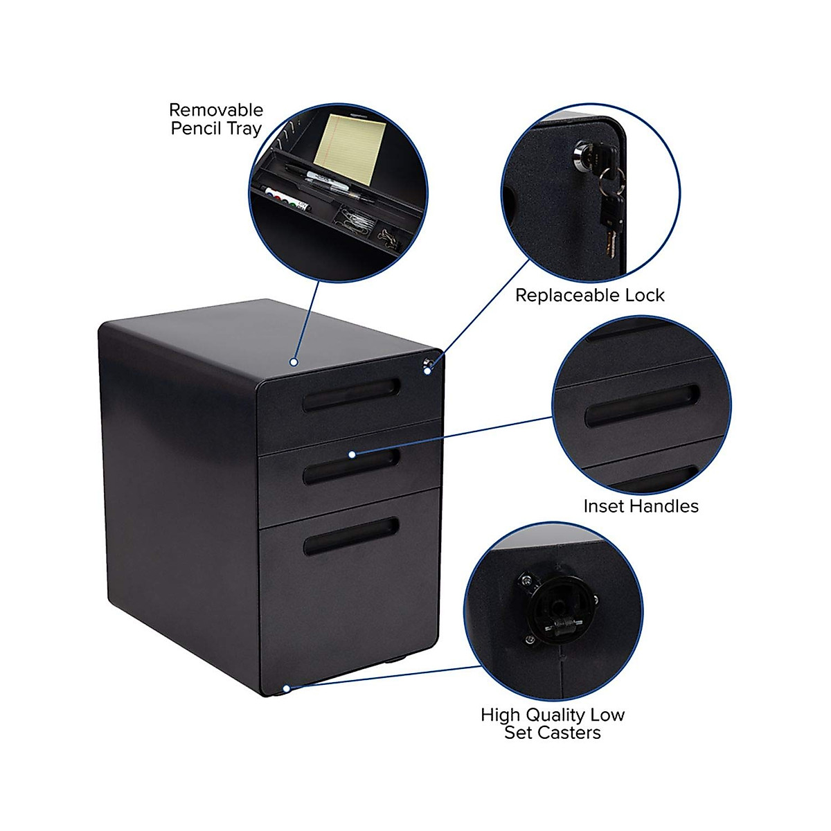 Flash Furniture Ergonomic 3-Drawer Mobile Locking Filing Cabinet with Anti-Tilt Mechanism and Hanging Drawer for Legal & Letter Files, Black