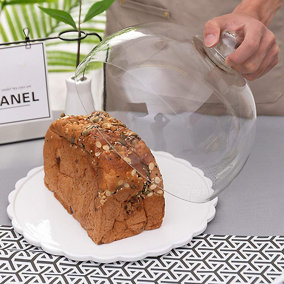 DOITOOL Ceramic Cake Plate with Glass Dome Glass Dessert Holder Clear Cupcake Stand Decorative Serving Tray Dish Rack for Fruit Dessert Cake White