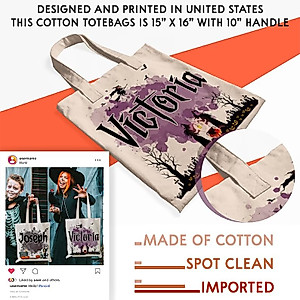 Zocoshi Personalized Halloween Tote Bag Customized Pumpkin Witch Black Cat Castle Skeleton Ghost Canvas Tote Bag for Trick or Treat Goodie gift Bags