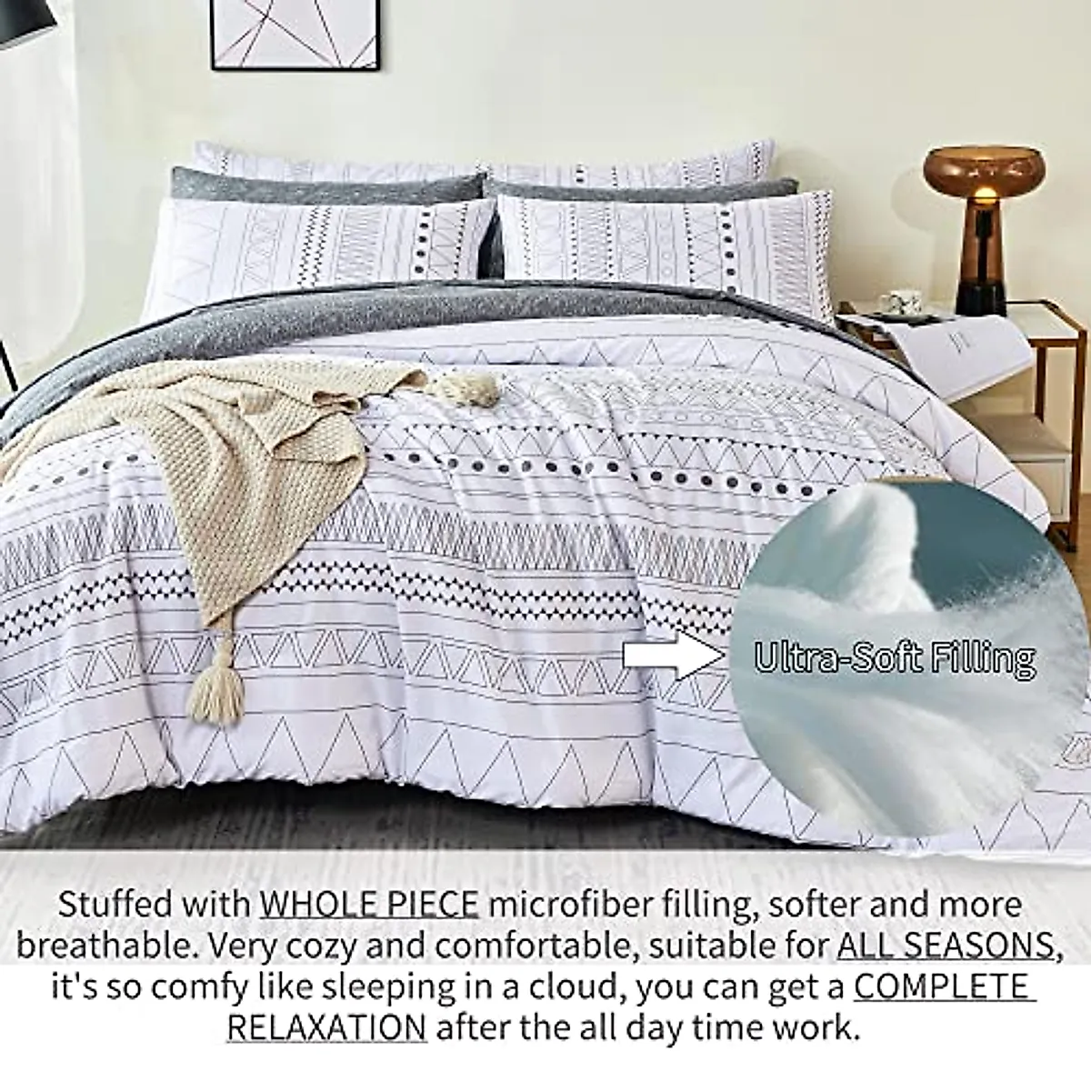 RYNGHIPY Boho Comforter Set Full Size: White Grey Geometric Bed in a Bag for Men Boys - All Season Comfoter with Sheets Pillowcases Soft Microfiber (White,Full Size)
