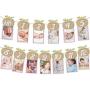 Pumpkin 1st Birthday Photo Banner, Glitter Pumpkin Bnaner Newborn to 12 Month Photo Display for Pumpkin Baby Shower Fall First Birthday Party Decor
