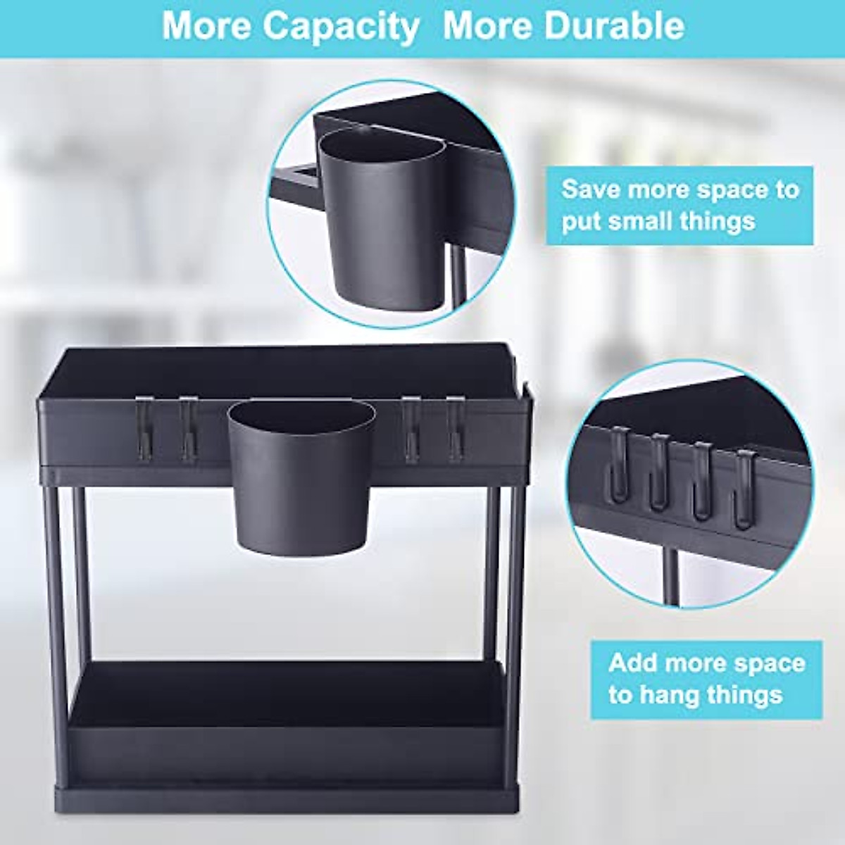VerkTop Under Sink Organizer, 2-Tier Sliding Under Bathroom Cabinet Storage Drawer Organizer with Hooks,Hanging Cup,Multi-purpose Under Sink Shelf Organizer for Bathroom Kitchen(2pcs)