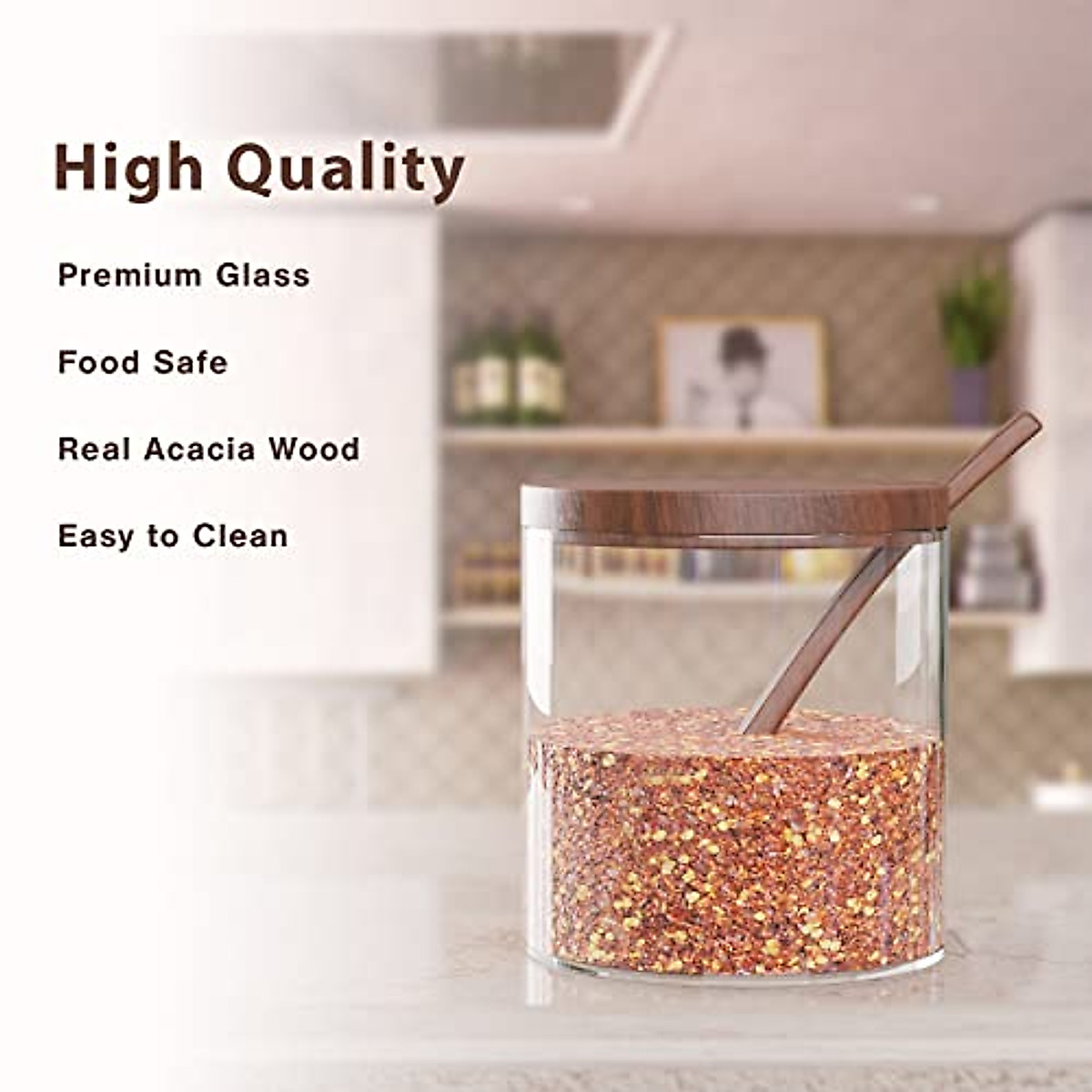 Essos Round Glass and Wood Condiment 3 pc Jars Set with spoon Tray Sugar Food Storage Containers with Wood Lids and Wooden Spoon for Coffee Spice Storage Container