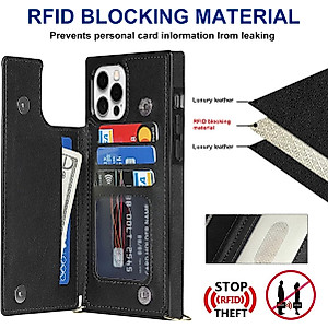 DEFBSC Compatible with iPhone 14 Pro Max Case, Crossbody Wallet Case, Adjustable Detachable Lanyard Neck Strap with Kickstand Leather Card Holder Protective Cover-Black