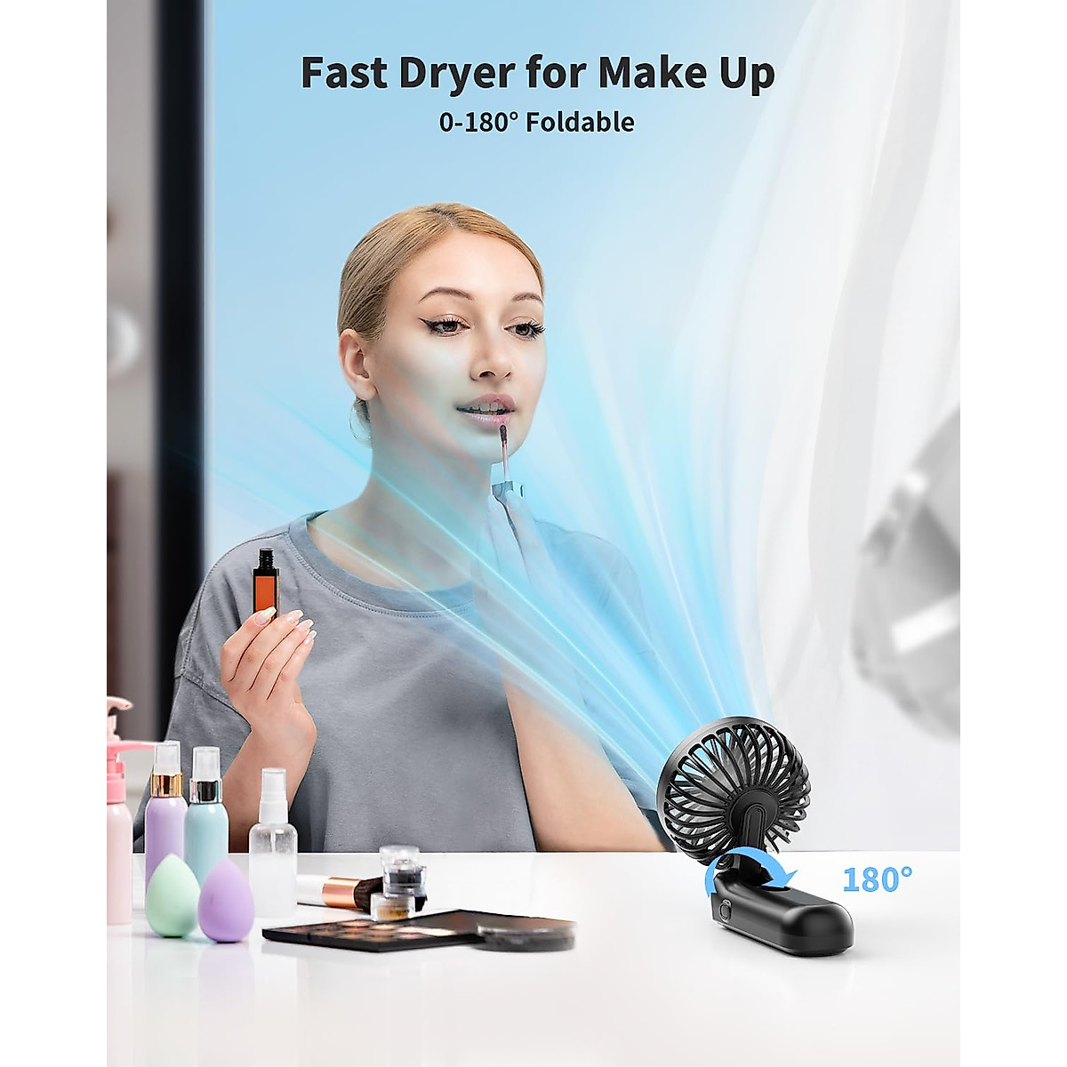 Handheld Fan, Foldable Portable Fan with LED Display, 3000mAh Battery Operated Mini Hand Held Fan, Handheld/Neck/Desk 3 in 1 Personal Small Fan for Eyelash Makeup Travel Beach Outdoor Black