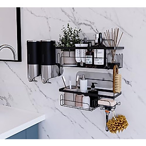 Shower Caddy Bathroom Organizer with Wall Mounted Bathroom Shower Pump Dispenser, Rustproof Stainless Steel Bathroom Shower Shelf, Shampoo and Soap Dispensers for Kitchen Bathroom Hotel, Black