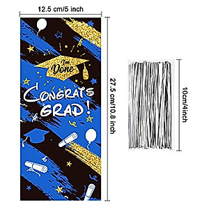 100 Pieces Graduation Cellophane Treat Bags, Congrats Graduates Candy Present Bags Plastic Clear Goodie Wrapping Bags with 100 Silver Twist Ties for Graduation Day (Blue)