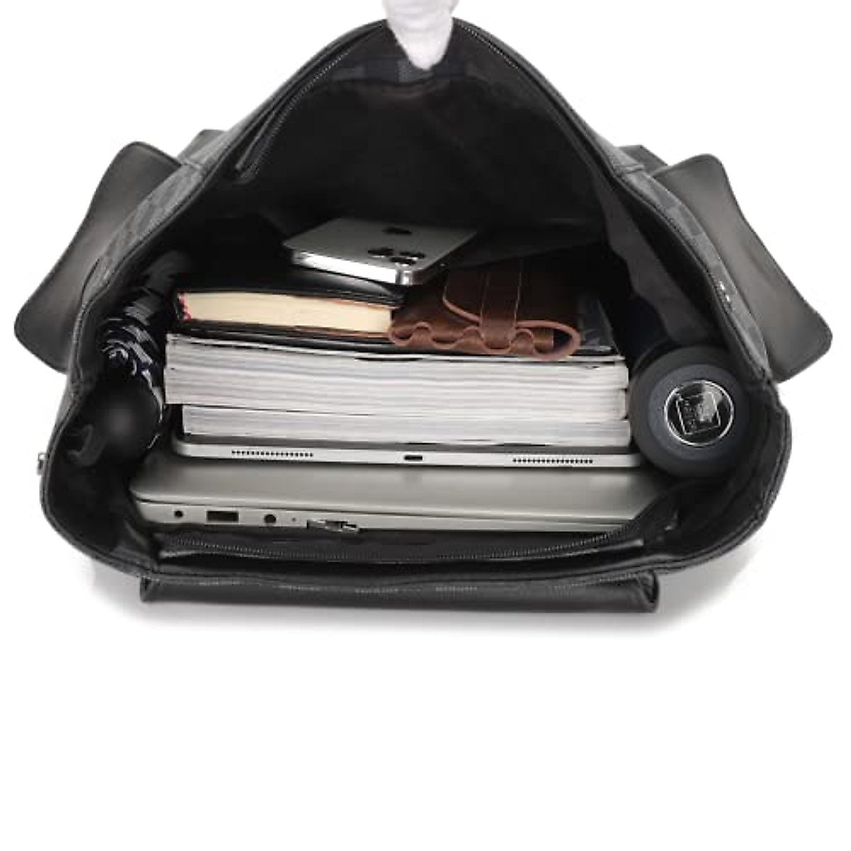 Teslawi Fashion PU leather schoolbag laptop bag leisure business travel multi-functional backpack, college schoolbag (Black)