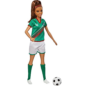 Barbie Soccer Fashion Doll with Brunette Ponytail, Colorful #16 Uniform, Cleats & Tall Socks, Soccer Ball 11.5 inches