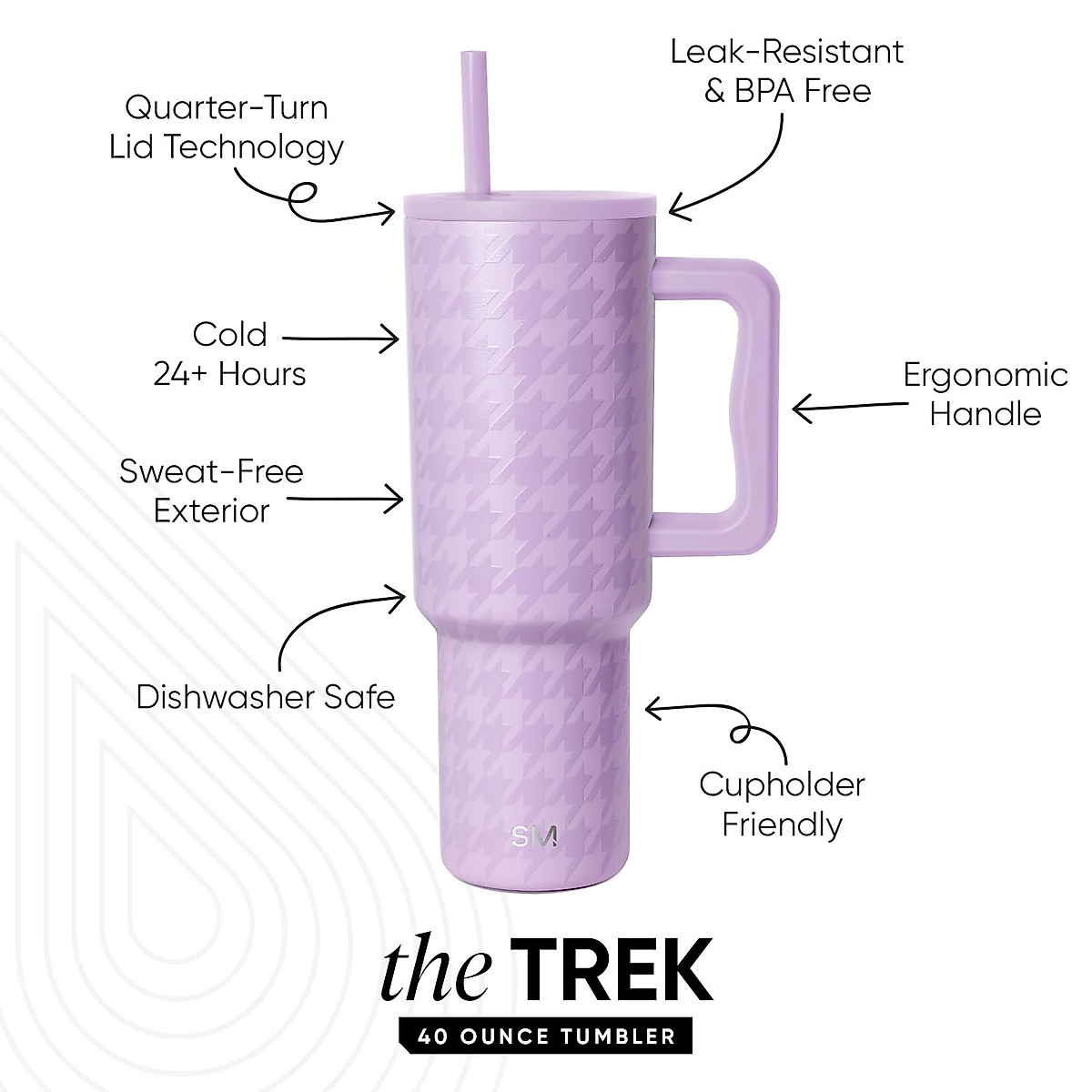 Simple Modern 40 oz Tumbler with Handle and Straw Lid | Insulated Cup Reusable Stainless Steel Travel Water Bottle Cupholder Use | Gifts for Women Him Her | Trek Collection | Purple Breeze Houndstooth