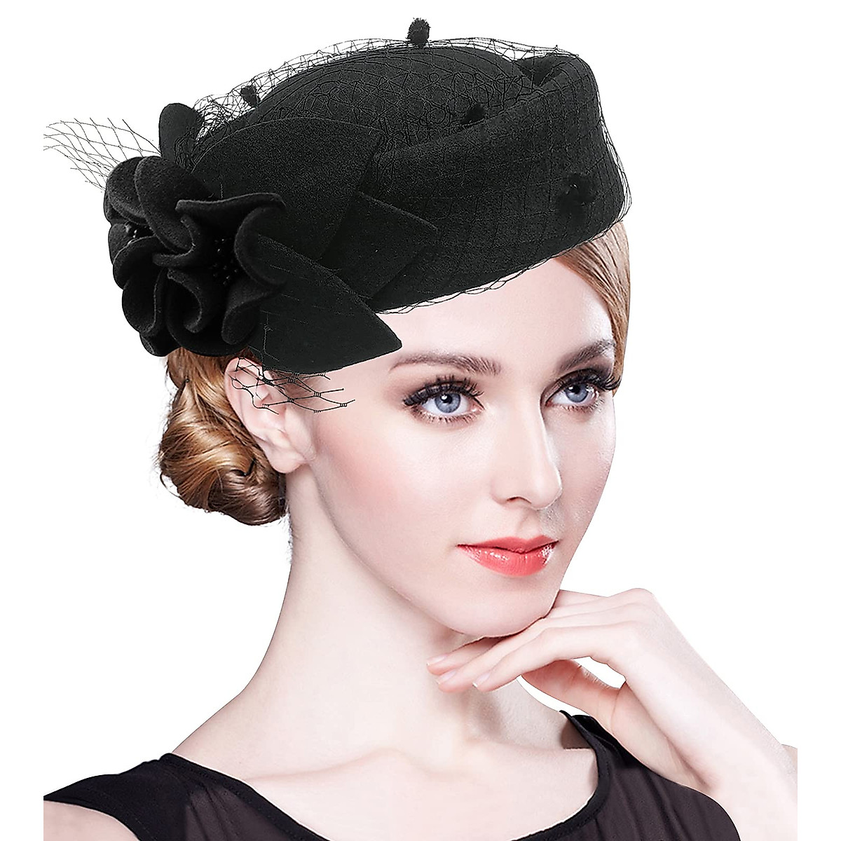 Z&X Wool Felt Veil Fascinator Pillbox Hats for Women Winter Tea Party Church Derby Hat Flower Beret Fedoras Black, One Size