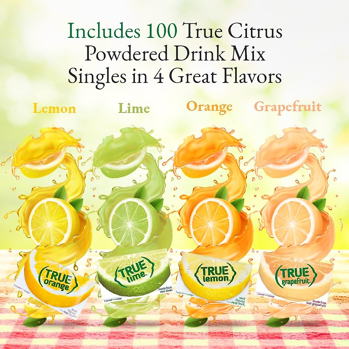 True Lemon, True Lime, True Orange, True Grapefruit, Varrirty Pack 100 Count, On-The-Go Powdered Drink Mix Variety Pack, Zero Calorie Unsweetened Water Flavoring, Each Packet Fits Into a 16.9 oz. Bottle or Cup