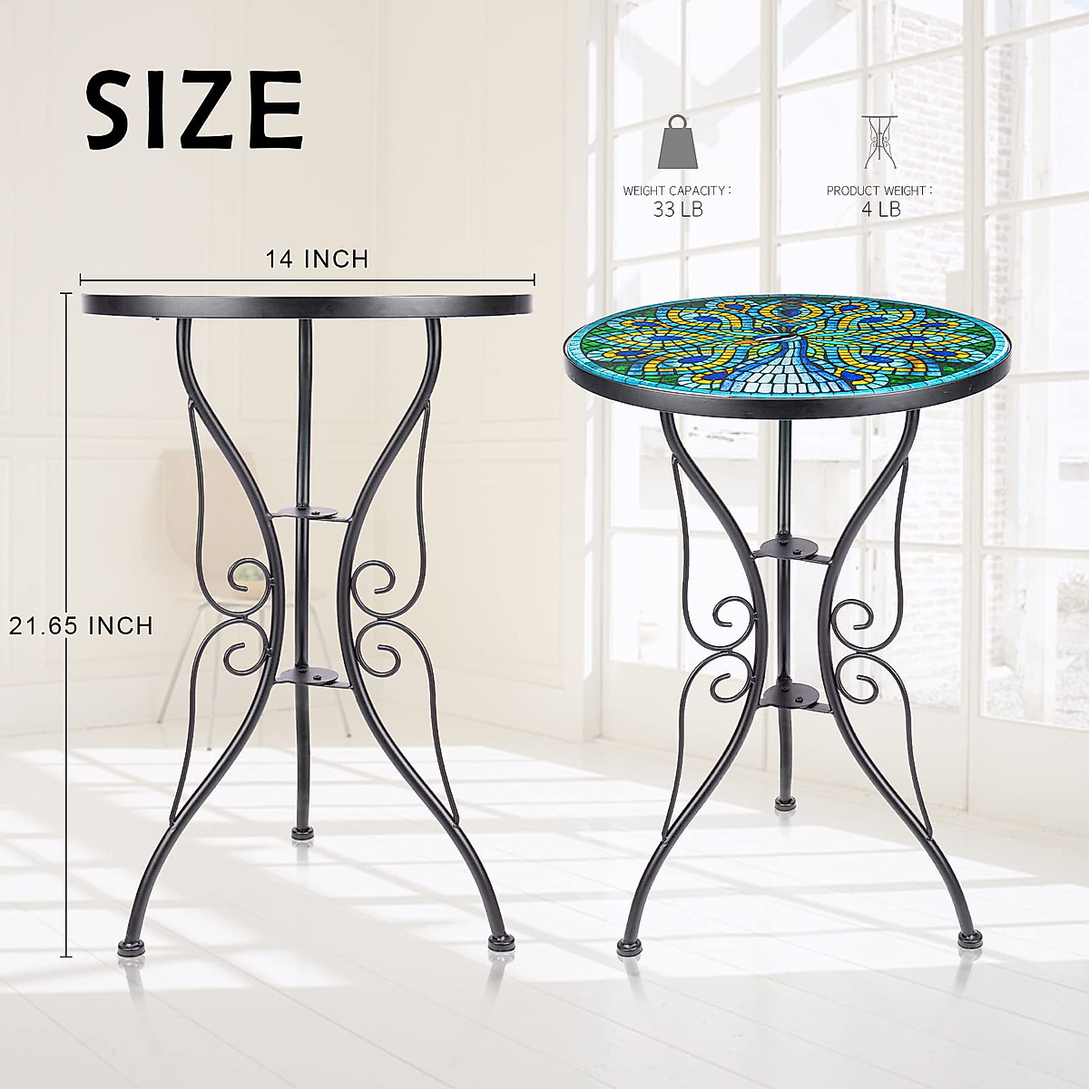 VCUTEKA Patio Side Table Outdoor Accent Table Bistro Coffee Table Plant End Table Small Porch Table Indoor Peacock
