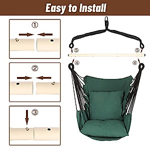 Highwild Hammock Chair Hanging Rope Swing - Max 500 Lbs - 2 Cushions Included - Steel Spreader Bar with Anti-Slip Rings - for Any Indoor or Outdoor Spaces (Green)