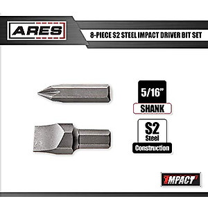 ARES 70013-8-Piece S2 Steel Impact Driver Bit Set - Includes Phillips 1,2,3,4 and Slotted 1/4-Inch, 5/16-Inch, 3/8-Inch and 1/2-Inch Bits - High Alloy S2 Steel Construction