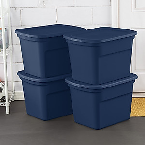 Sterilite 18 Gal Storage Tote, Stackable Bin with Lid, Plastic Container to Organize Clothes in Closet, Basement, Blue Base and Lid, 8-Pack