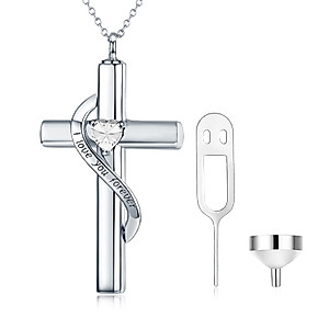 SOULMEET Crystal Cross Necklace for Ashes, Sterling Silver I Love You Forever Birthstone April Cross Urn Necklaces for Ashes Keepsake Cremation Jewelry for Pet Human Ashes