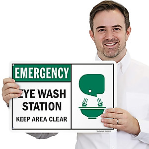 SmartSign 12 x 18 inch “Emergency Eye Wash Station - Keep Area Clear“ Sign With Graphic, Digitally Printed, 55 mil HDPE Plastic, Black, Green and white, Made in USA