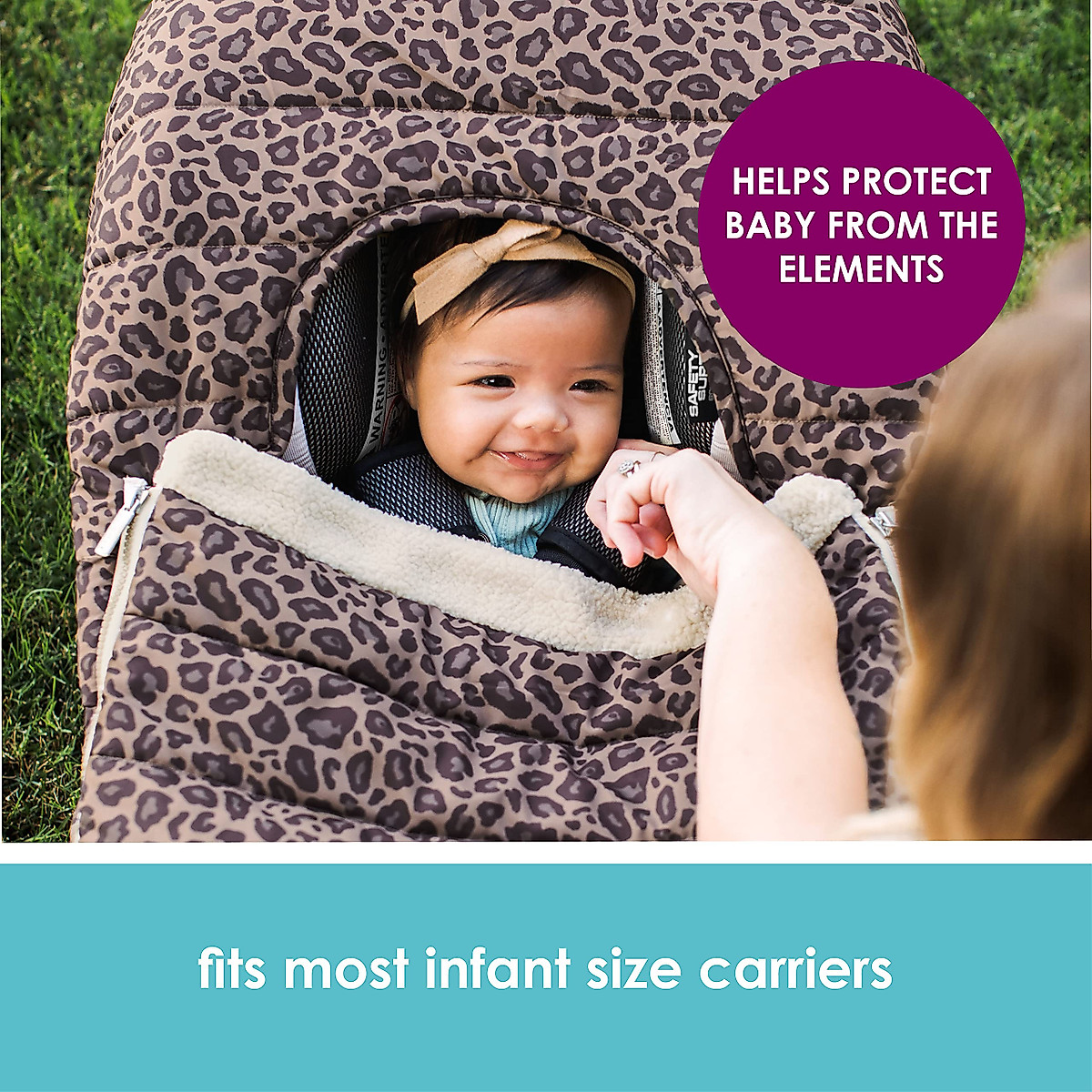 JJ Cole Winter Baby Car Seat Cover - Winter Car Seat Cover for Baby Seat or Stroller - Infant Car Seat Covers with Warm Sherpa Lining - Leopard