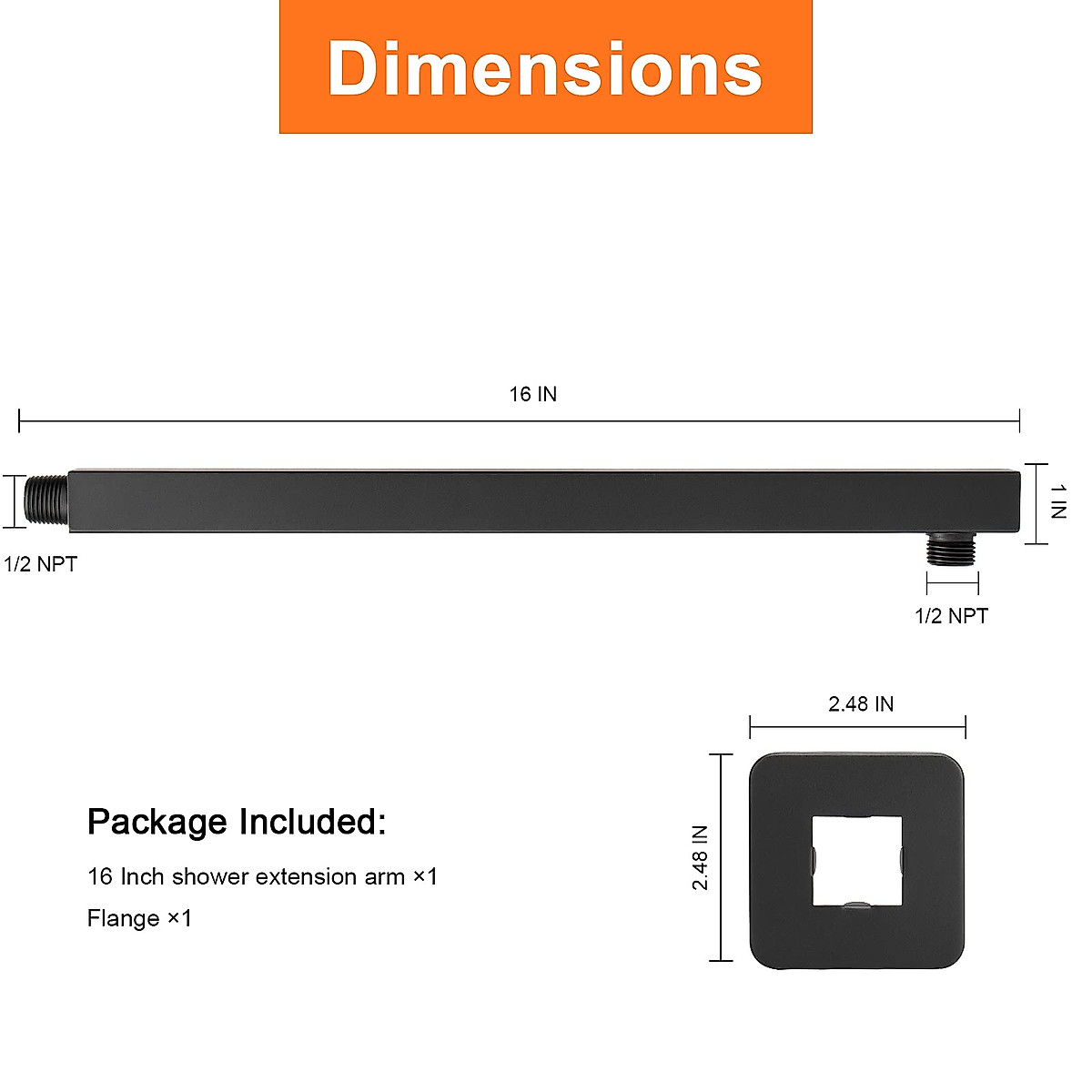 HarJue Shower Arm, Rain Shower Head Extension Extender, With Flange and Teflon Tape, Made of Thicken Stainless Steel for Bathroom Rainfall Showerhead (16 Inch, Matte Black)