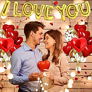 Anniversary Decorations, I Love You Balloons and Heart Balloons Kit with 1000pcs Artificial Rose Petals and 4Pack Red Heart Garland for Valentine Day Romantic Special Night Anniversary Decorations