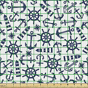 Ambesonne Navy White Fabric by The Yard, Simple Retro Nautical Pattern with Anchor Helm Lighthouse and Windrose, Decorative Fabric for Upholstery and Home Accents, 2 Yards, Night Blue and White