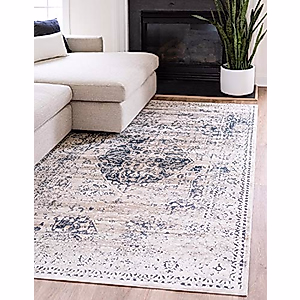 Unique Loom Chateau Collection Distressed Vintage Traditional Textured Dark Blue Area Rug (8' 0 x 10' 0), beige/navy blue