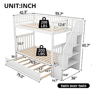 TURRIDU Twin Over Twin Bunk Bed with Twin Trundle & Staircases, Wood Bunk Bed Frame with Safety Rails for 3 Teens Adults, Convertible into 2 Platform Beds, White