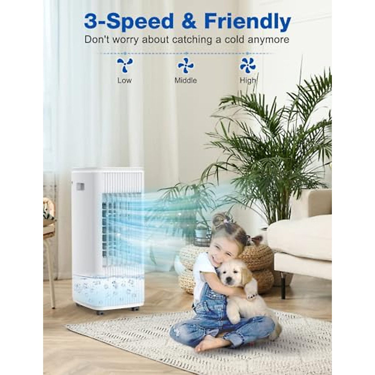 Evaporative Air Cooler, 3-IN-1 Windowless Portable Air Conditioner with Natural/Cooling/Humidifier & 3-Speed, 70° Oscillation & 7 Timer Remote Control, Swamp Cooler w/4 Ice Packs for Home & Kitchen