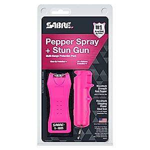 SABRE Pepper Spray & 2-in-1 Stun Gun with Flashlight, Self Defense Kit, Fast Flip Top Safety, Finger Grip for Better & Faster Aim, Painful 1.60 µC Charge, 120 Lumen LED Light, Rechargeable, 0.54 fl oz