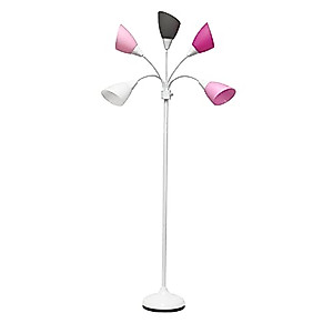 Simple Designs LF2006-WPG 67" Contemporary Multi Head Medusa 5 Light Adjustable Gooseneck White Floor Lamp with Pink, White, Gray Shades for Kids Bedroom Playroom Living Room Office, 30 x 10 x 67