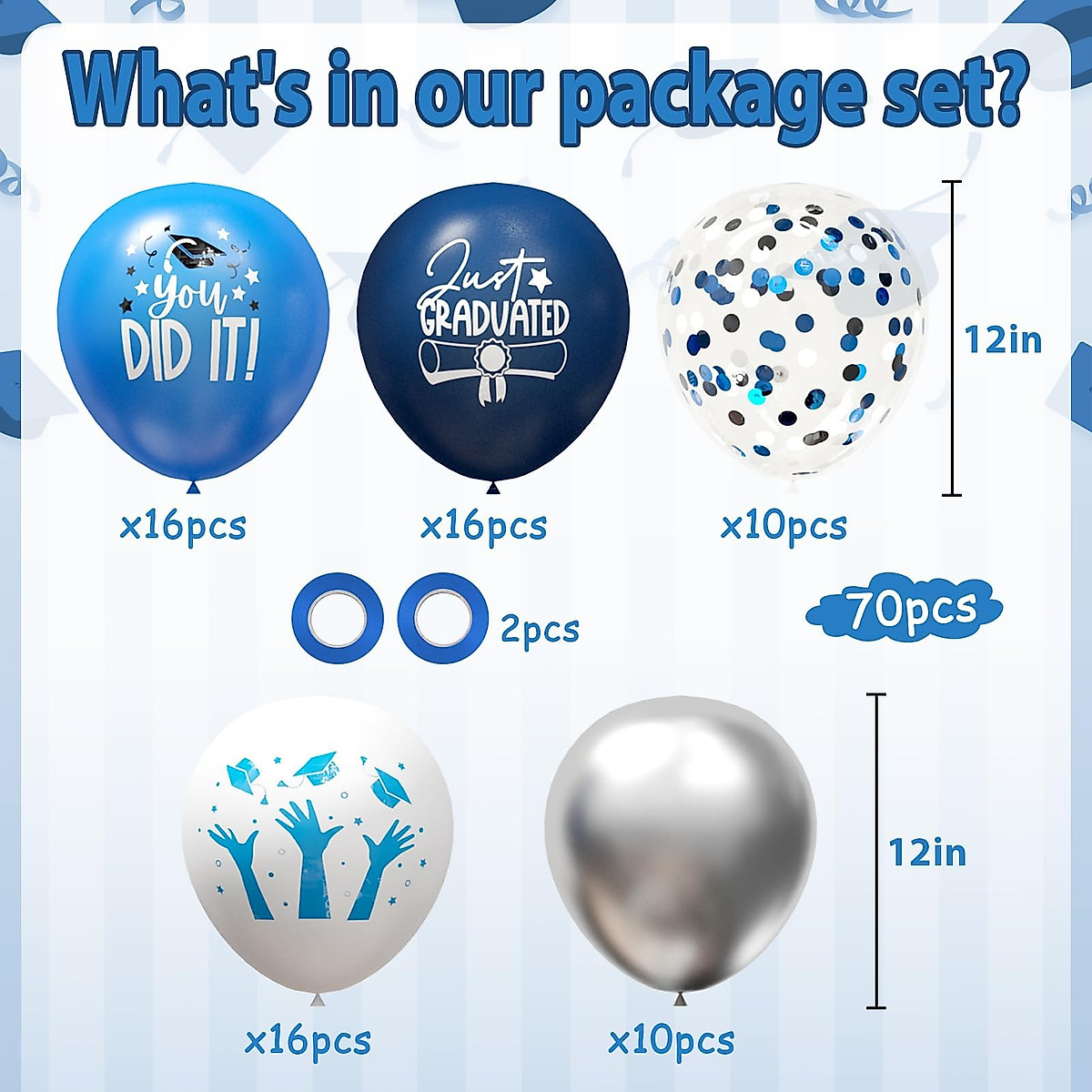 2024 graduation party decorations, 70pcs graduation balloons blue and white graduation decorations for college high school class of 2024 congrats grad party decor