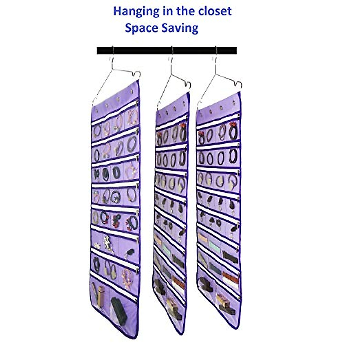 ANIZER Dual Sided Hanging Jewelry Organizer with Hanger for Closet Necklace Earrings Bracelet Ring Travel Holder (56 Zippered Clear Pockets Purple)