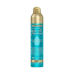 OGX Revitalize + Argan Shine Extra Strength Multi-Benefit Heat Protection Hairspray with Argan Oil & Silk Proteins, Tame Frizz & Non-Greasy Shine, Morocco, 8 Ounce